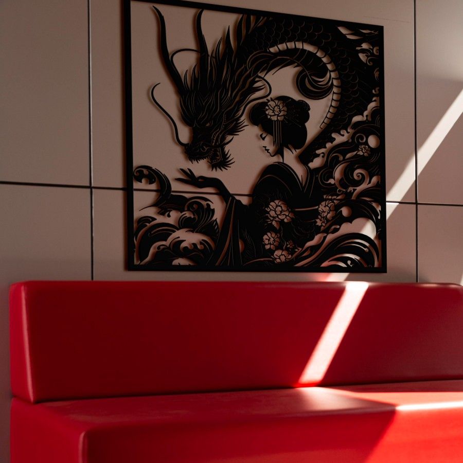 Geisha & Dragon Metal Wall Art